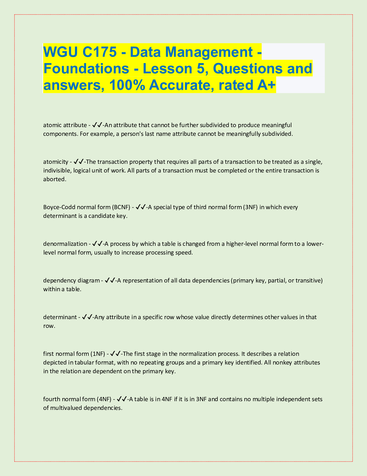 WGU C175 - Data Management - Foundations - Lesson 5, Questions and answers, 100% Accurate, rated ...